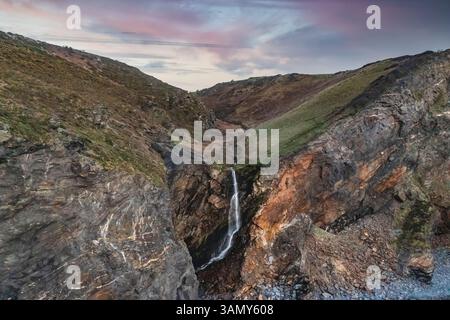 Aerial view of Pentargon Waterfall, dramatic, sunset, winter, Boscastle ...