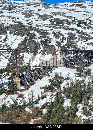 A covered bridge stands surrounded by snow on a winding road during ...