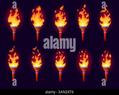 Torch animation with cartoon fire blaze sequence sprites vector set ...