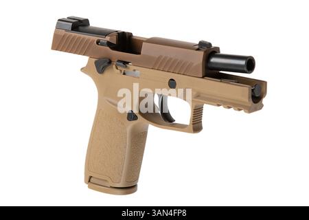 Open slide tactical pistol with exposed barrel and fiber optic sight ...
