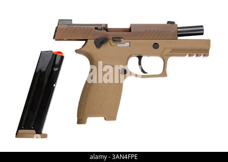 Tan tactical pistol with open slide and exposed barrel, angled side ...