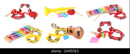 Different toy musical instruments for children on white background ...