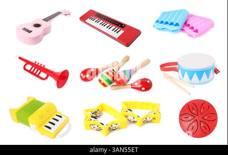 Different toy musical instruments for children on white background ...