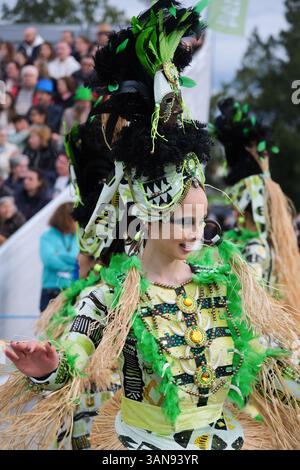 Traditional annual Estarreja samba carnival in Portugal. Costume music ...