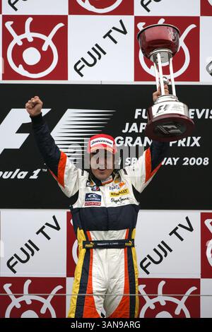 Fernando Alonso (ESP) Renault celebrates on the podium ..Formula One ...