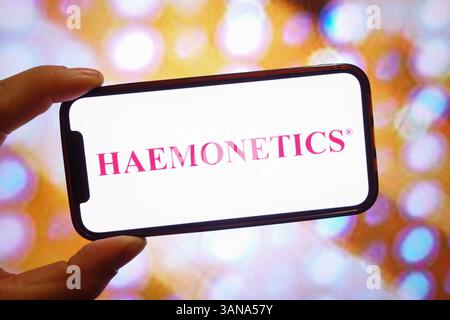In this photo illustration, the Haemonetics company logo is seen ...
