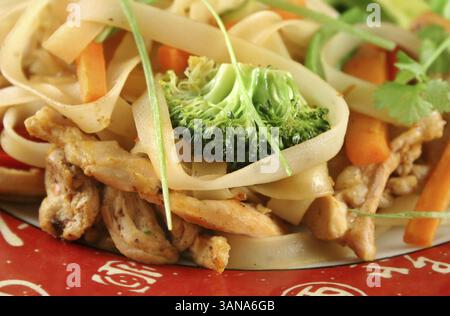 Chicken and rice noodle stirfry with soy and sambal olek dipping sauces ...