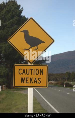 Warning sign for wekas near Westport, West Coast, South Island, New ...