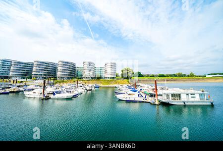 View into the Duisburg inner harbor, the marina with motorboats, motor ...
