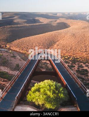 Aerial view of kalbarri skywalk over rocky terrain and lush vegetation ...
