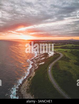 Aerial View of the Corniche Basque road at sunrise, French Basque ...