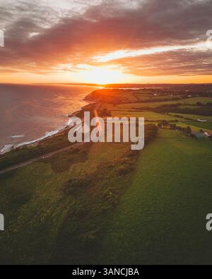 Aerial View of the Corniche Basque road at sunrise, French Basque ...