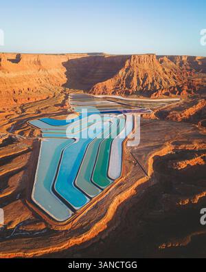 Aerial view of colorful Potash Ponds at sunrise, near Moab, Utah ...