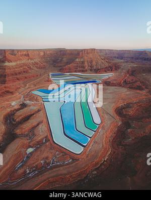 Aerial view of colorful potash ponds and rock formations in Monticello ...