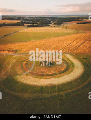 Aerial view of the famous Stonehenge rock sculpture at sunset, England ...