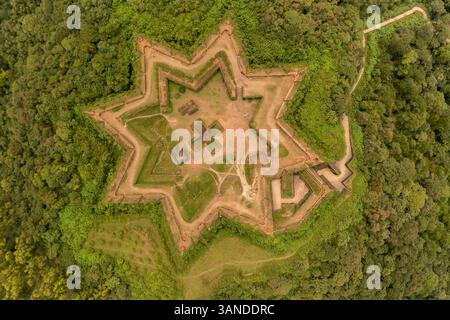 Aerial view of Manjarabad fort, an historical star shaped fort on the ...