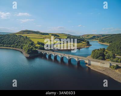 Aerial view of Ladybower Reservoir with scenic countryside and blue sky ...