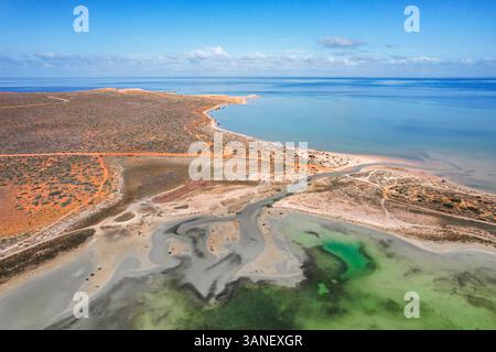 Aerial view of eagle bluff lagoon with sandy beach and clear water ...