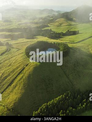 Aerial view of Seven Lakes with Volcano crater and greenery, Capelas ...