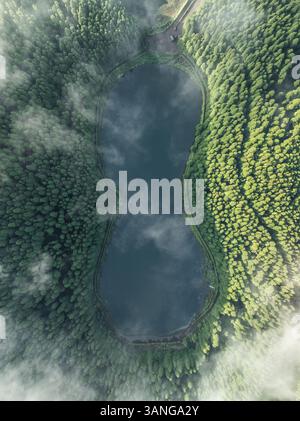 Aerial view of Seven Lakes and lush forest in Capelas, Azores Islands ...