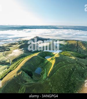Aerial view of Seven Lakes with Volcano crater and greenery, Capelas ...