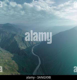 Aerial view of Rio Umpala, a river crossing the canyon across the ...