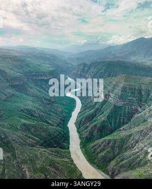 Aerial view of Sogamoso River across the mountain valley in Los Santos ...