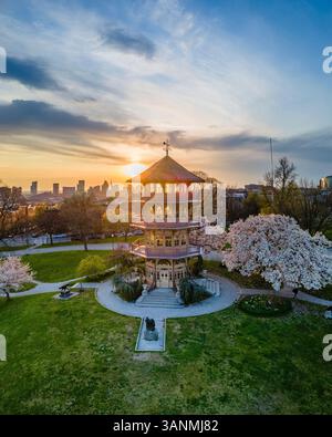 Aerial view of the Patterson Park Pagoda Observatory during twilight in ...