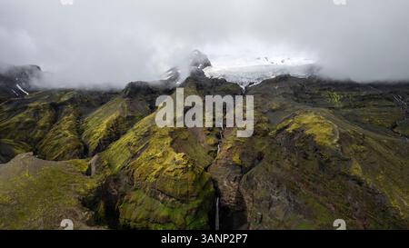 Aerial view of Fjallsarlon Iceberg and Mulagljufur Canyon, Iceland ...