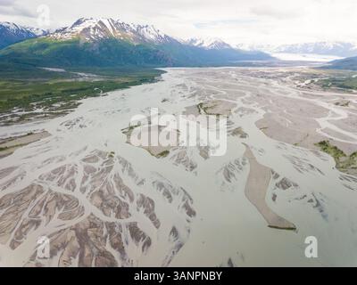 Aerial view of Knik river surrounding by mountains, Anchorage, Alaska ...