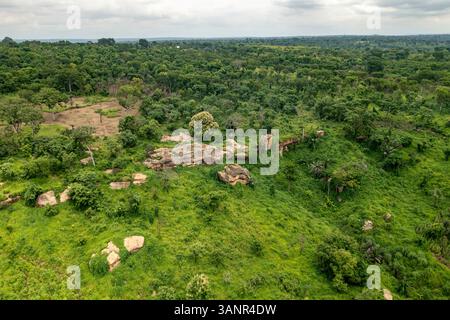 Aerial view of Bono East Region, Ghana with lush green tropical forest ...