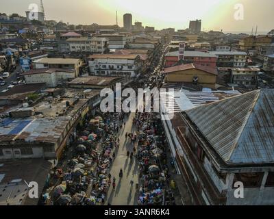 Freetown, Sierra Leone - 16 April 2022: Aerial view of people in the ...