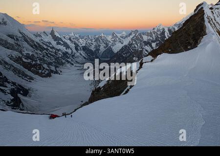 Aerial view of snow-covered Gondogoro pass, Laila peak, and Chogolisa ...