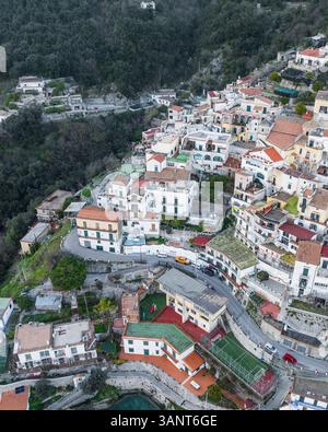 Aerial view of Albori, a small town along the Amalfi Coast, Salerno ...