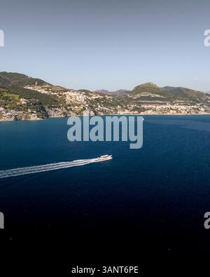 Aerial view of sailboat in Erchie, Mediterranean sea along the Amalfi ...