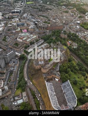 Aerial drone view of Edinburgh city centre looking south from top of ...