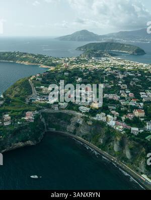Aerial view of Chiaia beach facing the Gulf of Naples on Procida Island ...