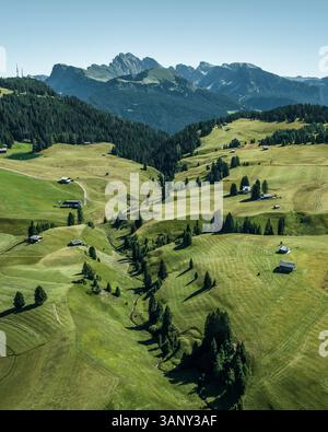 Aerial view of Secede mountain peak as seen from Alpe di Siusi (Seiser ...