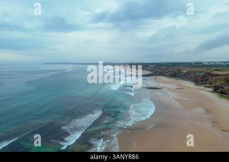 Aerial view of Praia Baleal, an endless beach along the ocean coastline ...