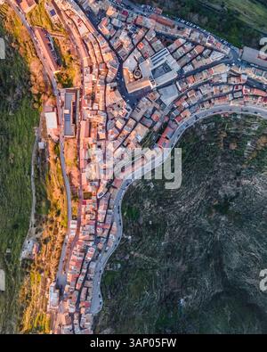 Aerial view of Centuripe, a small town on mountain crests in Enna ...