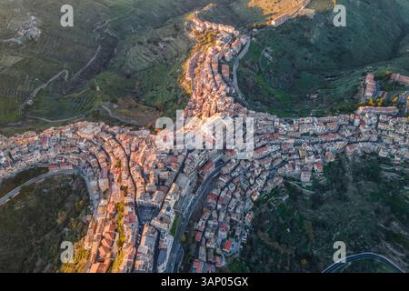 Aerial view of Centuripe, a small town on mountain crests in Enna ...