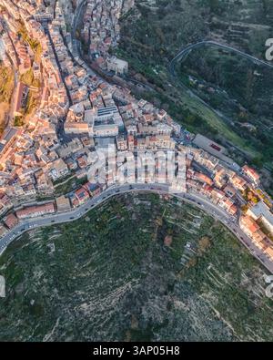Aerial view of Centuripe, a small town on mountain crests in Enna ...