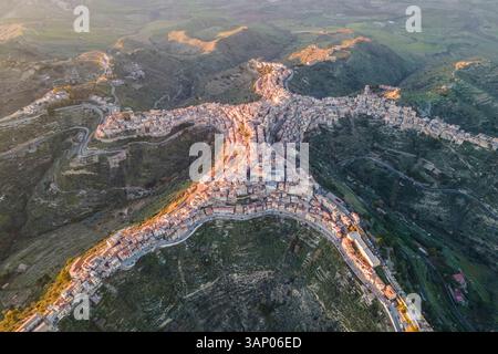 Aerial view of Centuripe, a small town on mountain crests in Enna ...