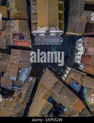 Aerial view of Orte, a small town on hilltop along the Tiber river at ...