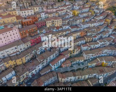 Aerial view of Calitri township on hillside, a colourful town in ...