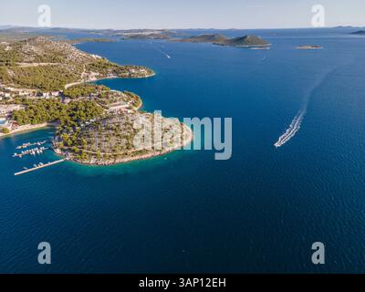 Aerial view of Otok Zavinac Veli, a beautiful small island near Zadar ...