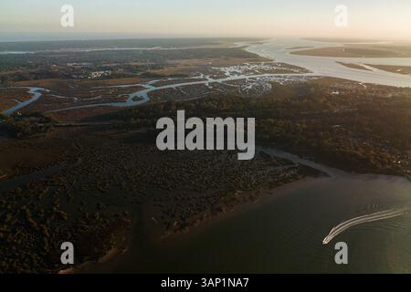 Aerial view of Pinckney Island National Wildlife Refuge at sunset ...