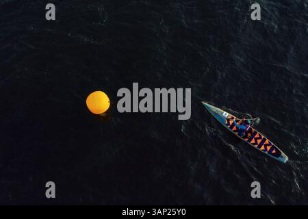 Aerial view of serene SUP paddlers on Puget Sound, Seattle, Washington ...