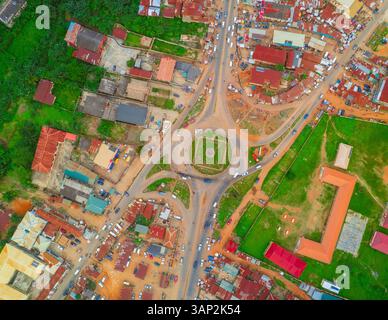Aerial view of vibrant roundabout and colorful buildings in Multan ...