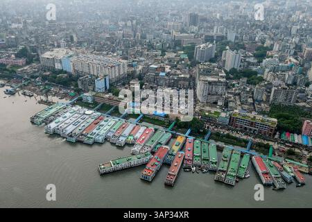 Aerial view of bustling Sadarghat with ships on the Buriganga River and ...